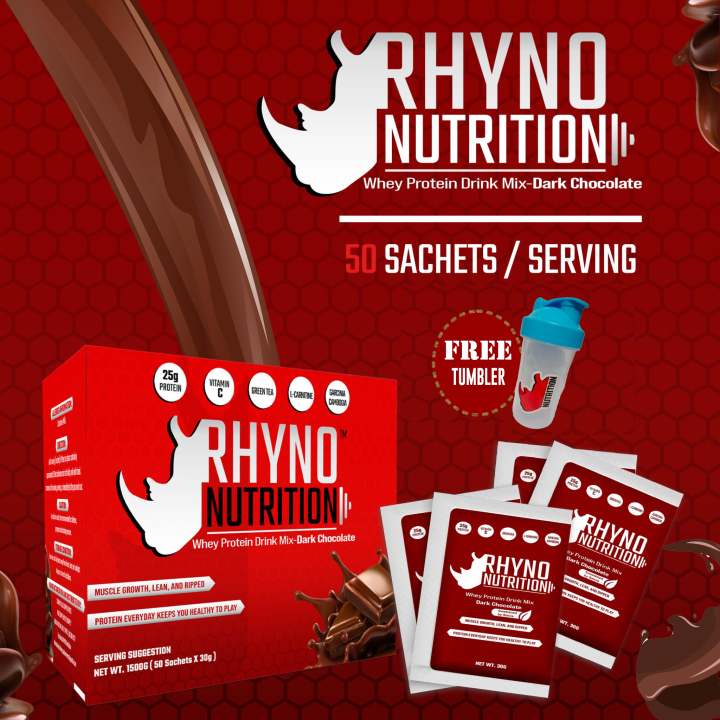 RHYNO NUTRITION WHEY PROTEIN 50SACHETS + 10SACHETS WITH FREE SHAKER ...