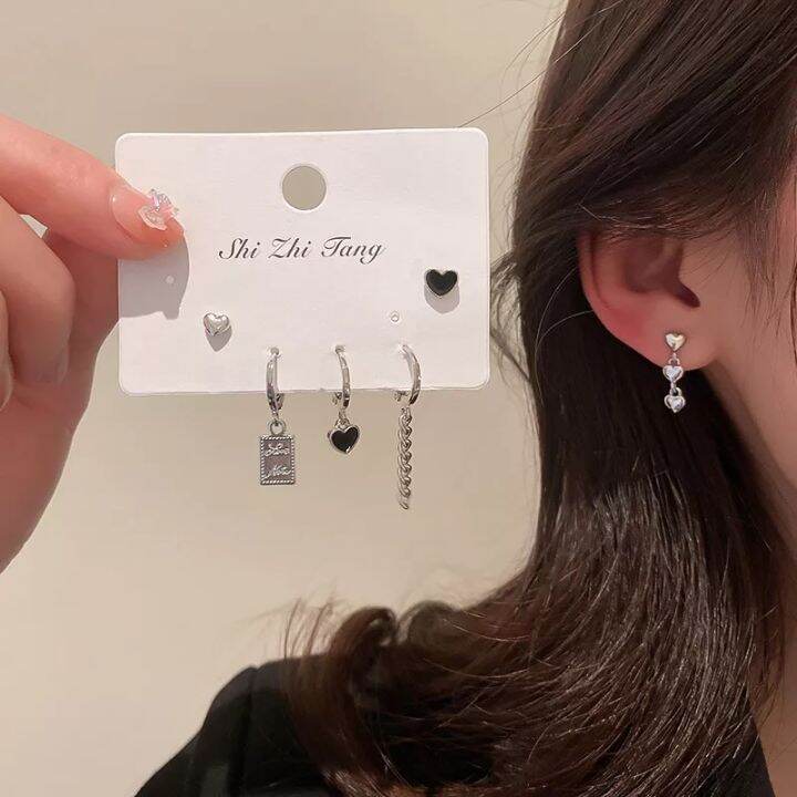 [YWYK] INS 6ชิ้น/เซ็ตพังก์หัวใจลูกปัดต่างหูสำหรับผู้หญิงสาวเรขาคณิตพู่วางห้อยต่างหูอุปกรณ์ ...