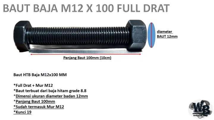 BAUT M12X100MM BAUT BAJA PANJANG 10CM 10CENTI BAUT BAJA M12 X 100 FULL DRAT BAUT KUNCI 19 HTB 8. ...