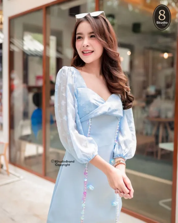 8 Studio Brand งานป้ายแบรนด์แท้เดรสแขนยาว ทรงถ่วง หน้าอกเว้าลงทรงหัวใจ ดีเทลดอกไม้จัดเต็ม ...