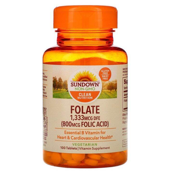 Sundown Naturals Folate 1333mcg DFE 100 Tablets Folic Acid for ...