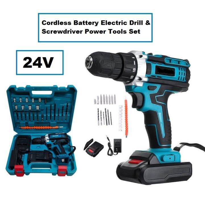 24V Cordless Drill 2x Battery Impact Electric Drill & Screwdriver with ...