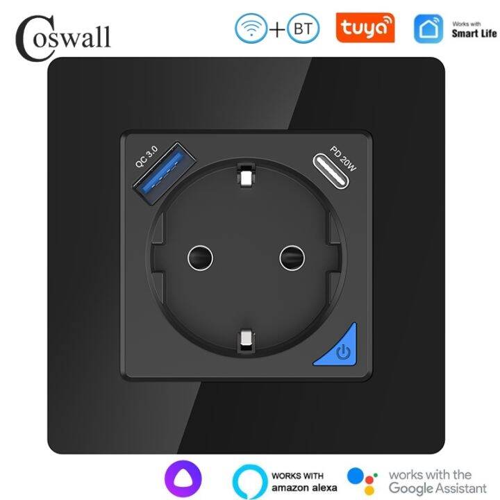 卍 Coswall Glass Panel Black Wifi Tuya Bluetooth Smart Eu Wall Power Socket Grounded With Pd 20w