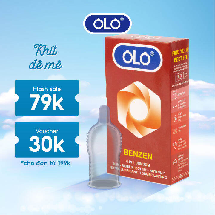 Bao cao su OLO Benzen 6 in 1 hộp 10 cái - size 49 mm, kéo dài thời gian, hương socola, hạt gân ...