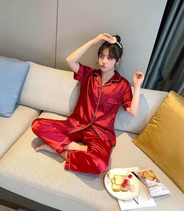 Silk plain Shortsleeve Terno pajama set for women/ Classy sleepwear ...