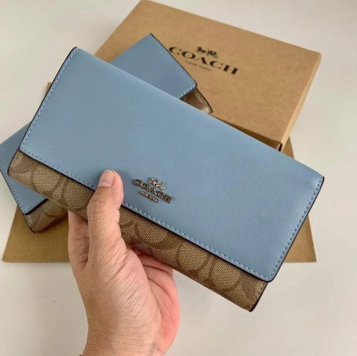 Coach Trifold Slim Wallet In Signature Canvas C5966 In Khaki/Powder ...