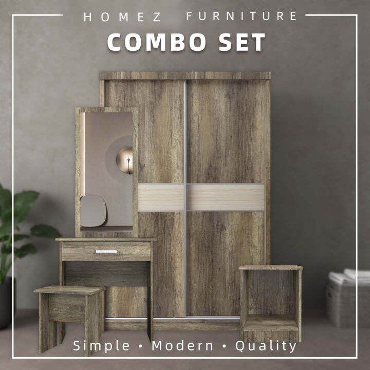 Homez Alian 4FT Wooden Sliding Wardrobe Set Almari Baju Dressing Table ...