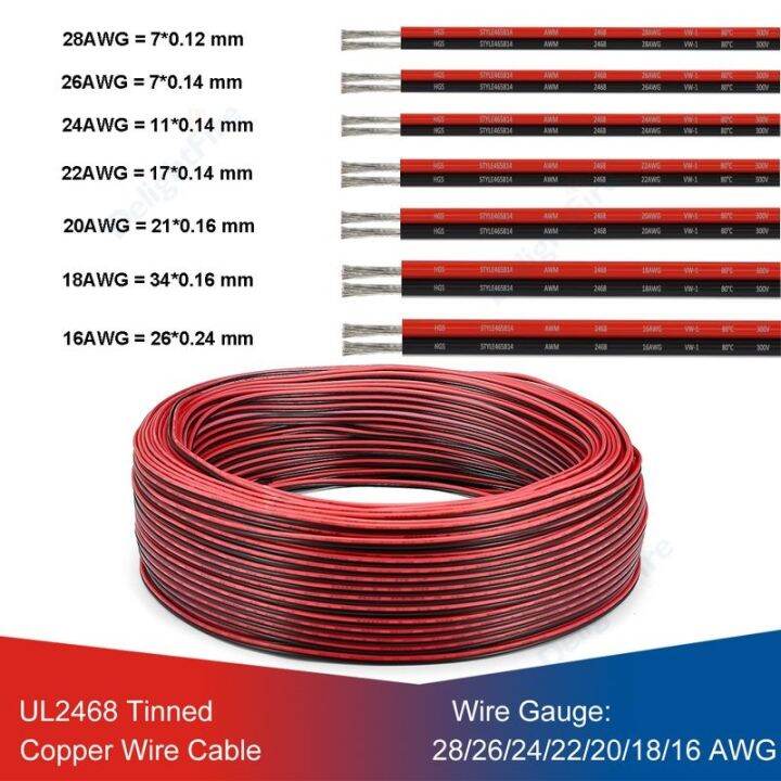 UL2468 2 Pin Electrical Wires 28/26/24/22/20/18 AWG Red Black Flat Ribbon Cable Speaker Wire For ...