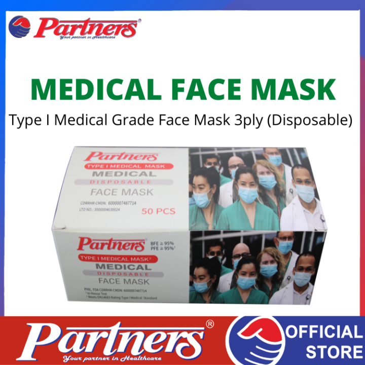 PARTNERS TYPE 1 SURGICAL FACEMASK HOSPITAL GRADE 3PLY WITH EARLOOP ...