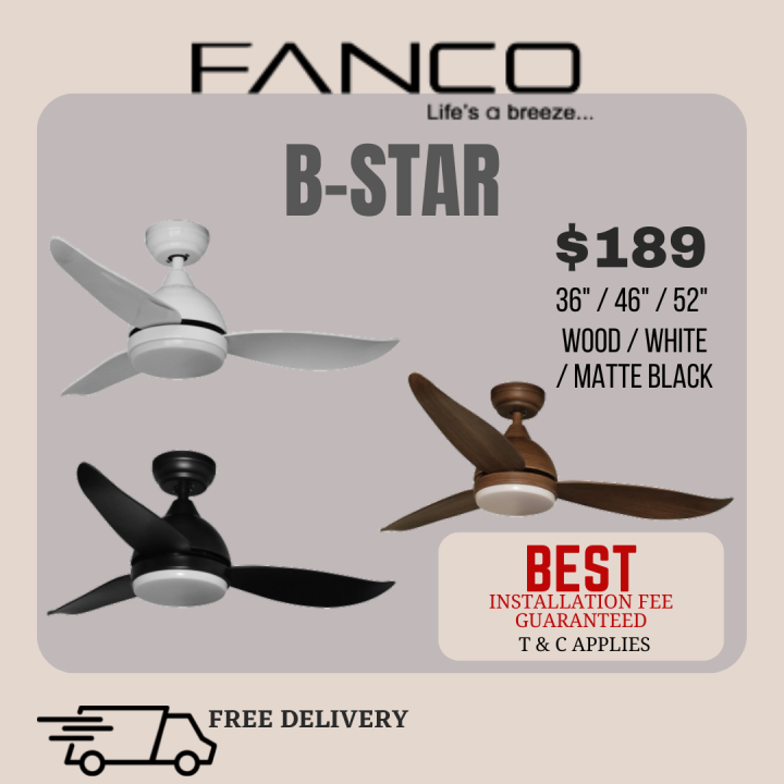 Fanco Bstar ceiling fan with light 36/46/52 inch dc motor with 3 tone ...