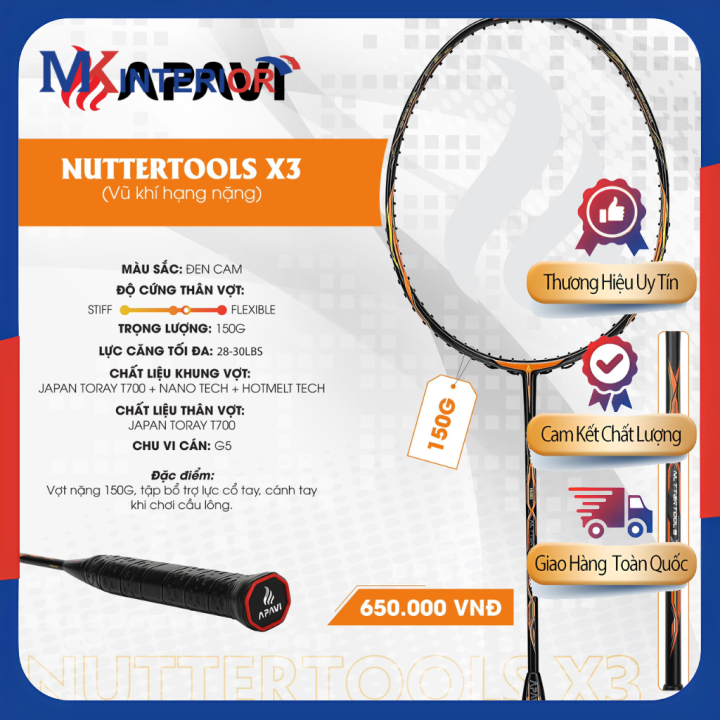 Vợt Tập Lực Cổ Tay Apavi NUTTERTOOLS X3, 150G Đen Cam, Căng Max 13.5KG ...