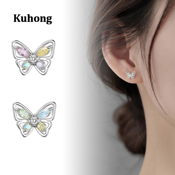 Kuhong ต่างหูสตั๊ดทำจากเพทายสีสันสดใสสำหรับผู้หญิงของขวัญเครื่องประดับ ...