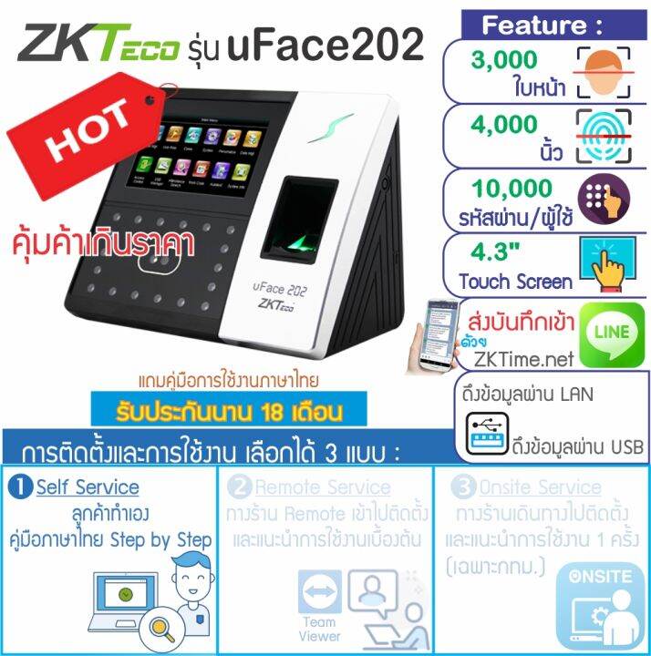ZKTeoc uFace 202 เครื่องสแกนใบหน้าและลายนิ้วมือ เพื่อบันทึกเวลาทำงาน จอ ...