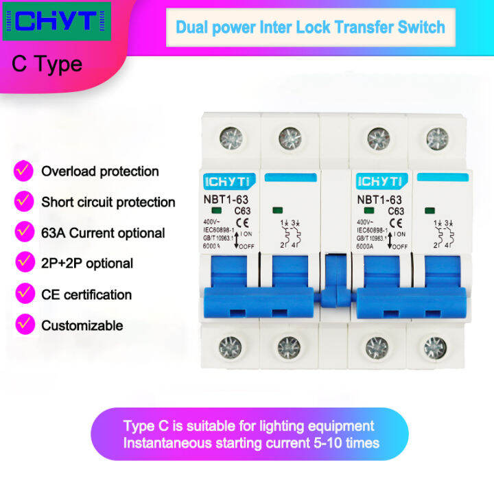 ICHYTI 2P+2P 63A Manual Transfer Switch Interlock Circuit Breaker 400V 50/60Hz Dual Power Switch ...