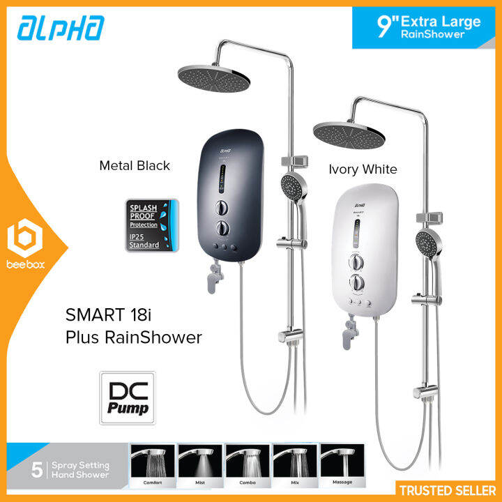 Alpha SMART 18I PLUS DC Silent Jet Pump Instant Water Heater with Rain Shower 9 Inch (Black ...