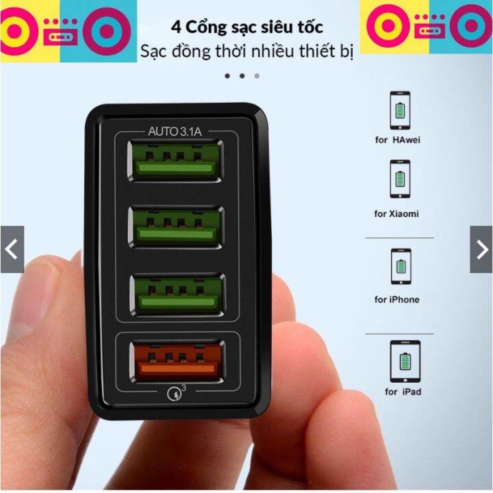 Củ Sạc Nhanh 4 Cổng Củ Sạc Nhanh Chuẩn Quick Charge 3.0 18W (4 Cổng USB), Đèn Led Định Vị Ban ...