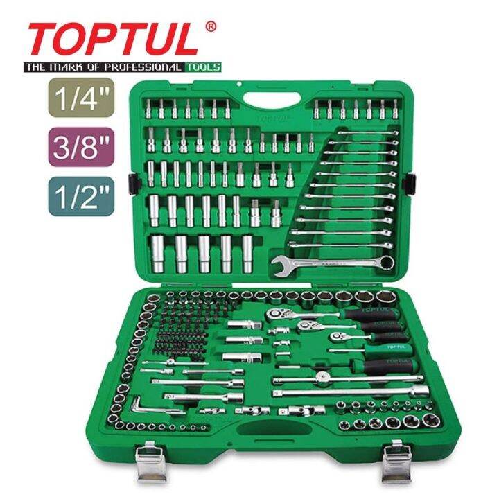 TOPTUL 216PCS 1/4", 3/8" & 1/2" DR. Flank Socket Wrench Set GCAI216R ...