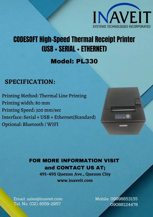 High-Speed Thermal Receipt Printer [Codesoft PL 330 (USB + SERIAL + ETHERNET)] | Lazada PH