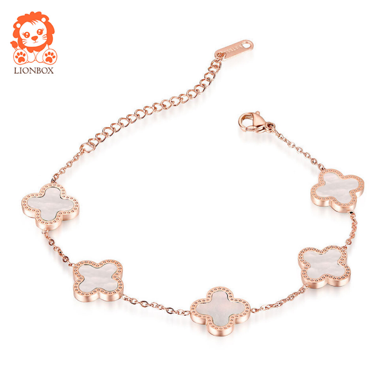 Lionbox สร้อยข้อมือสแตนเลส จี้ใบโคลเวอร์สี่แฉก สีขาว สไตล์เกาหลี ...