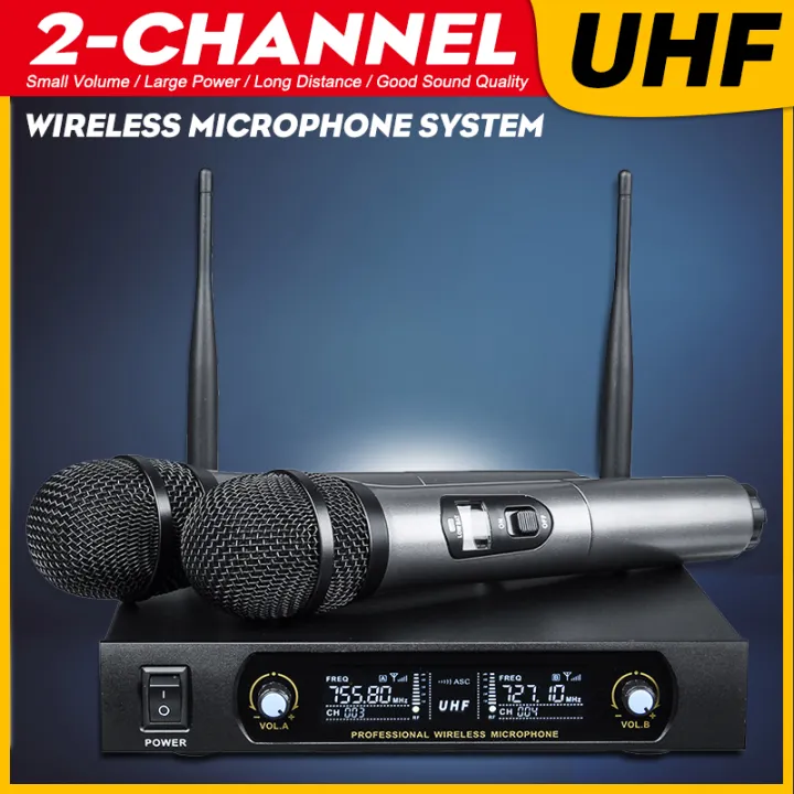 UHF Wireless Dual 110-240V Microphone System Kits 2 Channel Cordless ...