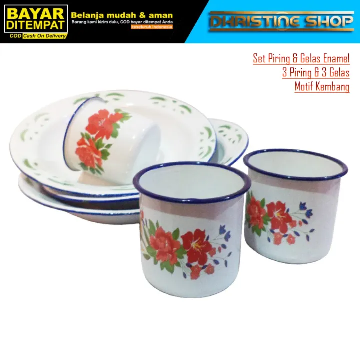 Paket Piring Seng Dan Gelas Seng Motif Kembang [3 Gelas Dan 3 Piring ...