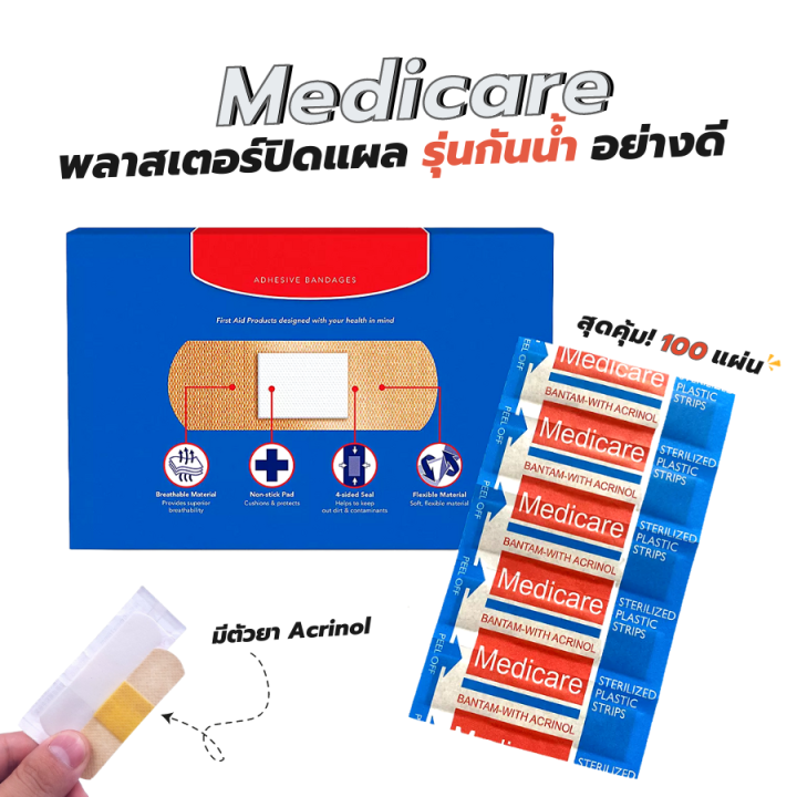 พลาสเตอร์ยา พลาสเตอร์ปิดแผล ผ้าพันแผล Medicare (สุดคุ้ม! จำนวน 100 แผ่น ...