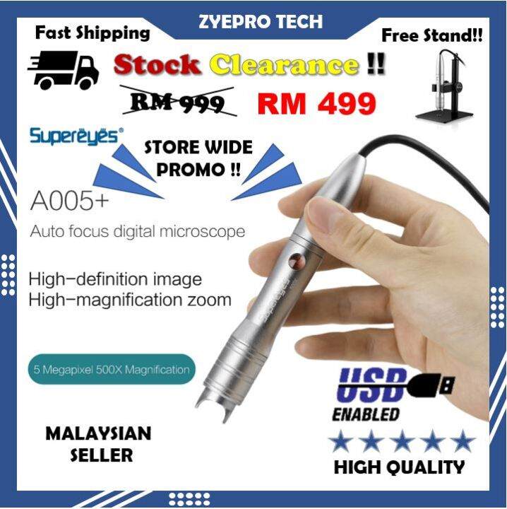 PROMO 】5MP 1 - 500X Magnification Supereyes A005+ Digital Microscope with stand ( Fine Auto ...