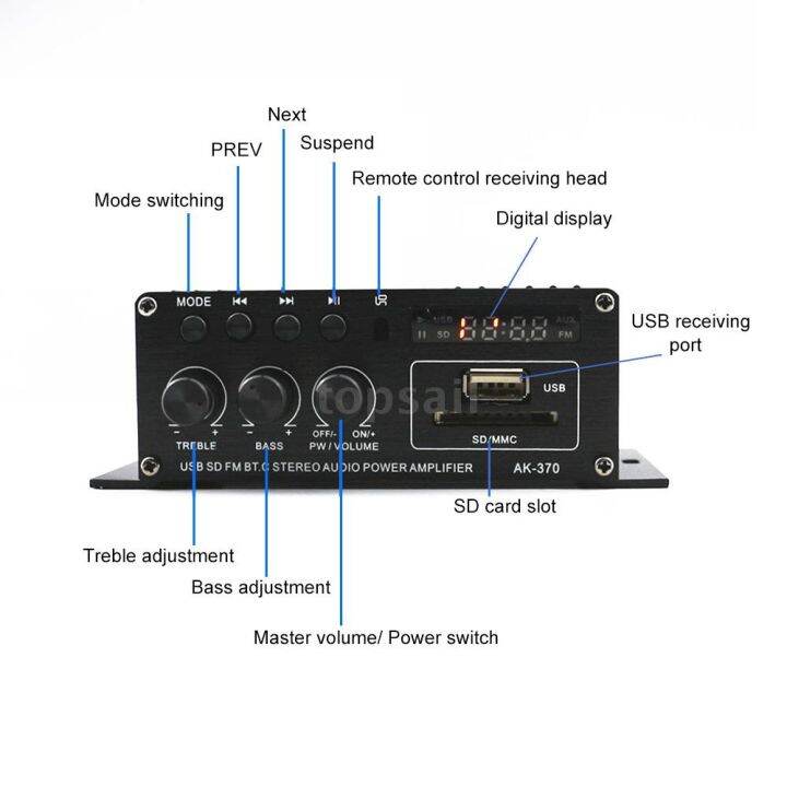 AK370 12V Mini Audio Power Amplifier BT Digital Audio Receiver AMP USB ...