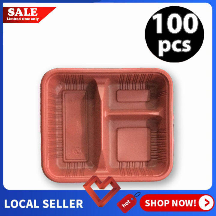 【100pcs】Disposable bento box / food storage with clear lid (3 DIVISIONS ...