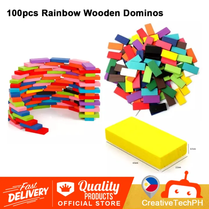 100pcs Mixed Colored Authentic Standard Rainbow Wooden Domino Blocks Dominos Kids Game ...