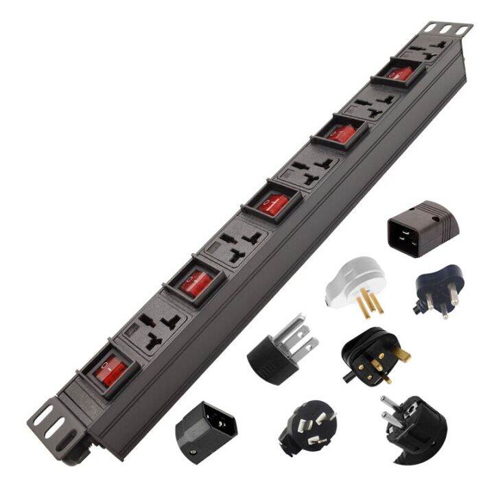 19 Inch PDU 1U Network Cabinet Rack Power Strip Distribution 16A Universal Outlets Break Switch ...