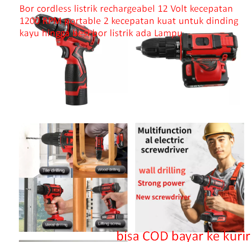 Bor cordless listrik rechargeabel 12 Volt kecepatan 1200 RPM portable 2 ...