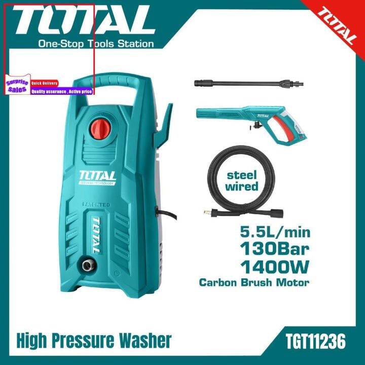 TOTAL High Pressure Washer 1400W 130Bar Auto Stop with 1 Set Water Sprayer Gun 5-Meter Hose ...