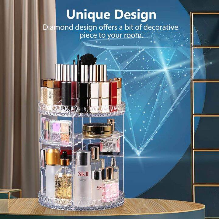 360 Rotate Cosmetic Makeup Storage Box Diamond Organizer Acrylic ...