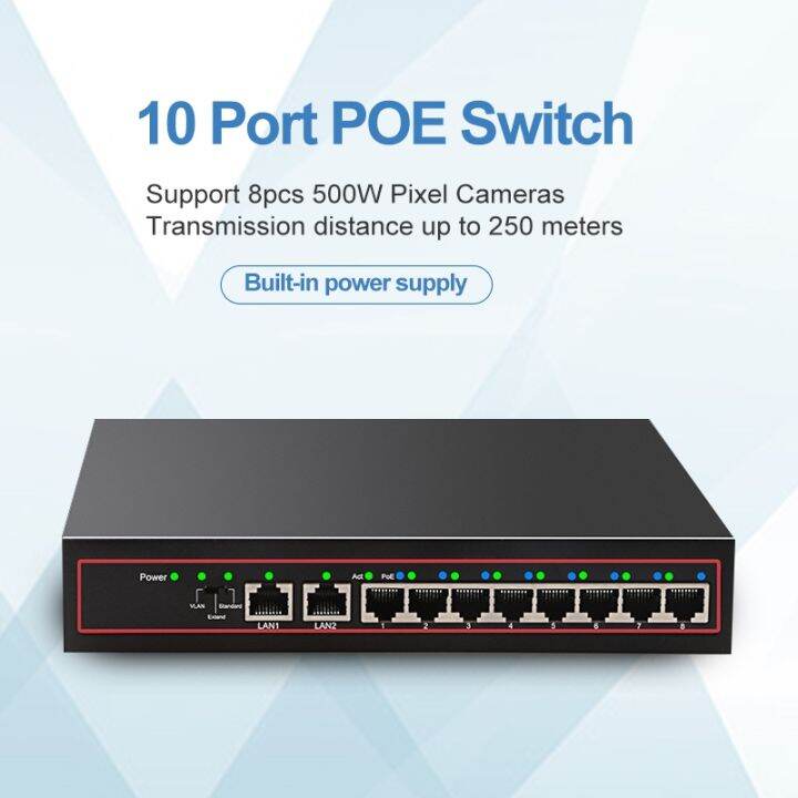 10Port POE Ethernet Switch 48V VLAN 10/100Mbps IEEE 802.3 af/at Network Switch for CCTV IP ...