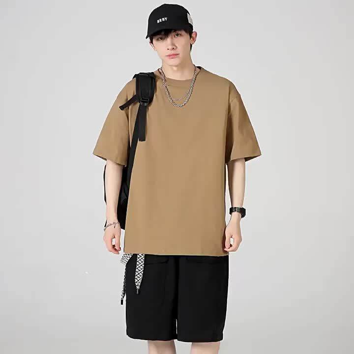 LVLV คู่สีเขียว 230g แขนสั้นผ้าฝ้ายสไตล์อเมริกัน T เสื้อแบรนด์แฟชั่น ...