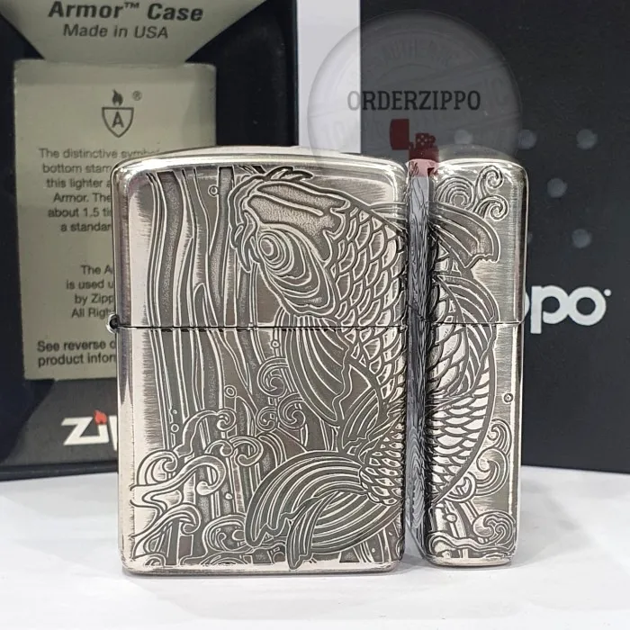 ZIPPO ORIGINAL ARMOR WATERFALL KOI FISH SILVER PLATE 2 SISI JAPAN | Lazada Indonesia