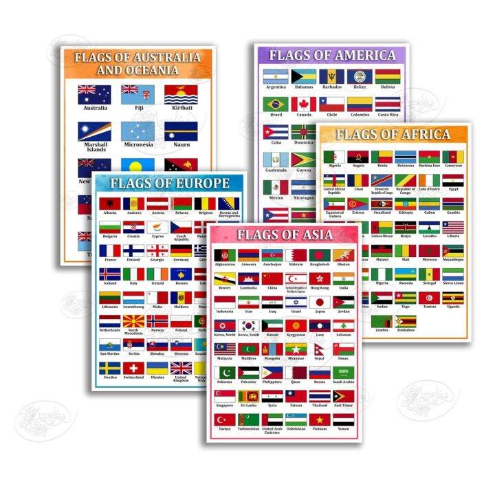 Flags of the World (Asia Europe Africa America Australia/Oceania) A4 ...