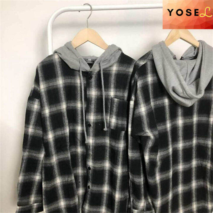 YOSEL เสื้อเชิ้ตแขนยาวลายสก๊อตผู้ชายมีฮู้ด | Lazada.co.th