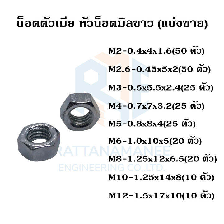 น็อตตัวเมีย หัวน็อตมิล ชุบขาว M2 M2.6 M3 M4 M5 M6 M8 M10 M12 (แบ่งขาย) | Lazada.co.th