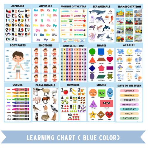 Blue Color Kids Educational Wall Chart , A4 size Alphabet , Colors ...