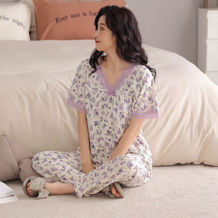 Yasuk ชุดนอนแขนสั้นนุ่มพิมพ์ลายดอกไม้ลูกไม้สำหรับใส่อยู่บ้านชุดนอนลำลอง ...