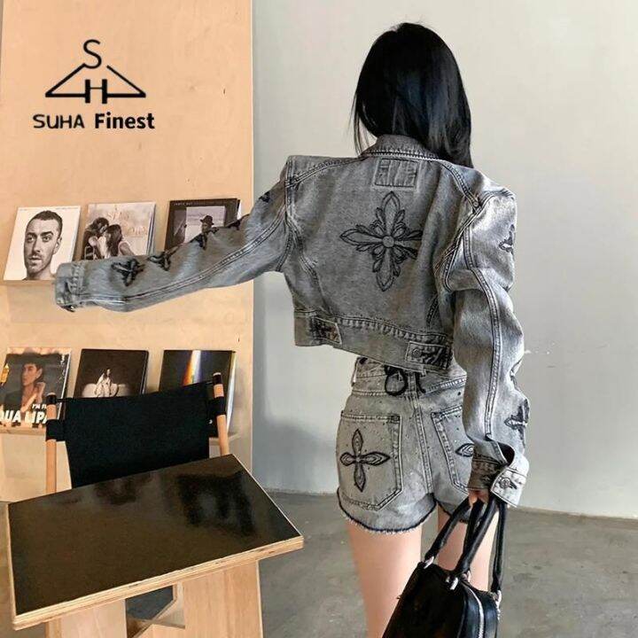 Denim terno for woman high waist The new 2022 cross washed denim shorts ...