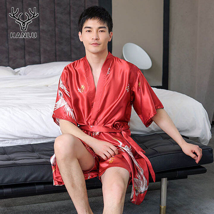 Hanlu กางเกงนอนชาย ชุดกระโปรงยาวปานกลางชุดนอนผู้ชาย,ชุดใส่อยู่บ้านสำหรับเสื้อคลุมอาบน้ำบางฤดู ...