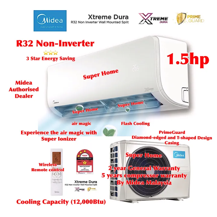Midea 1.5hp Non Inverter Aircond R32 Xtreme Dura MSXD-12CRN8 Super ionizer Wall Mounted Split ...