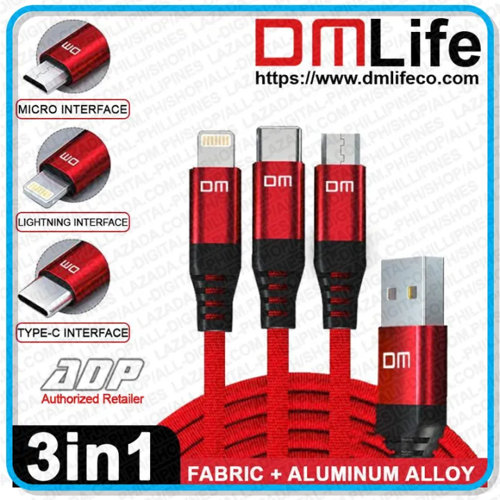 DM Life SL004 3 in 1 USB Charging Cable Micro+Type-C+Lightning 2.4A Original Fast Quick Charging ...