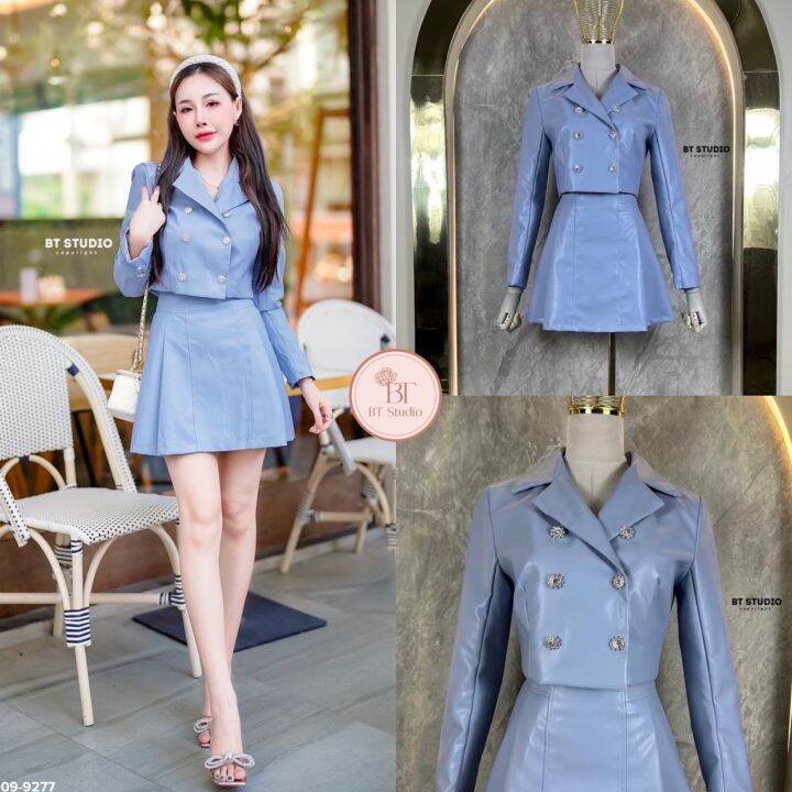 งานป้าย BT-Studio set 2ชิ้นเสื้อแขนยาวคอปกกระดุมหน้าตัวกระดุมแต่งเพรชเรียงแถวผ้าหนังมันเงาในตัว ...