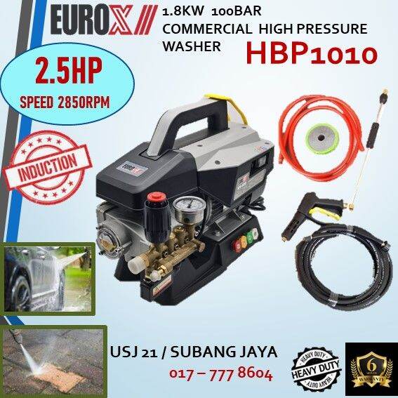 EUROX HBP1010 Heavy Duty Electric High Pressure Washer 1.8KW 100bar 2.5HP- Induction Motor - 6 ...