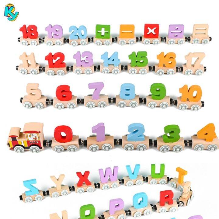 Magnetic Number Train Set Wooden Digital Letters Cars Building Dinosaur ...
