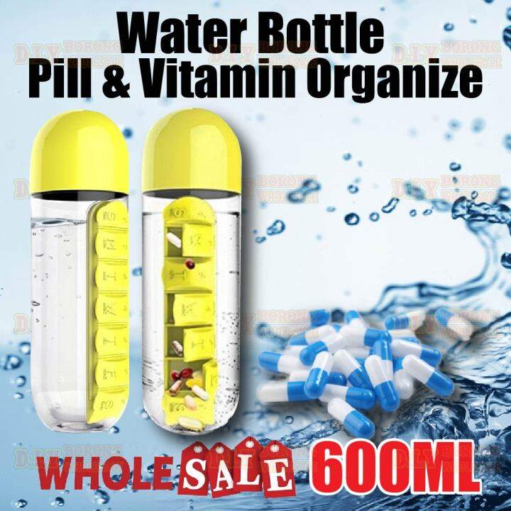 600ML 2in1 Water Bottle Pill & Vitamin Organizer Medicine Storage Box ...